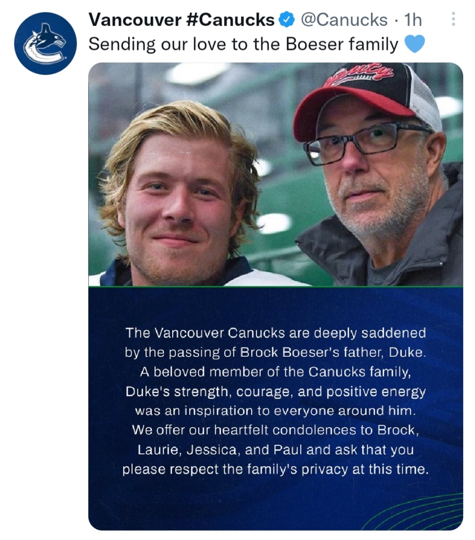 Duke Boeser, Father of Canucks Brock Boeser Passes Away After Long ...