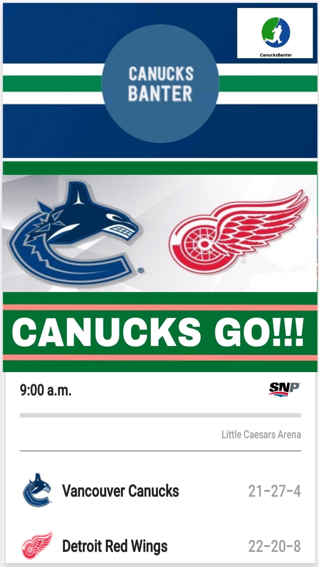 Canucks Vs Detroit Red Wings At Little Caesars Arena @ 9 am PST ...